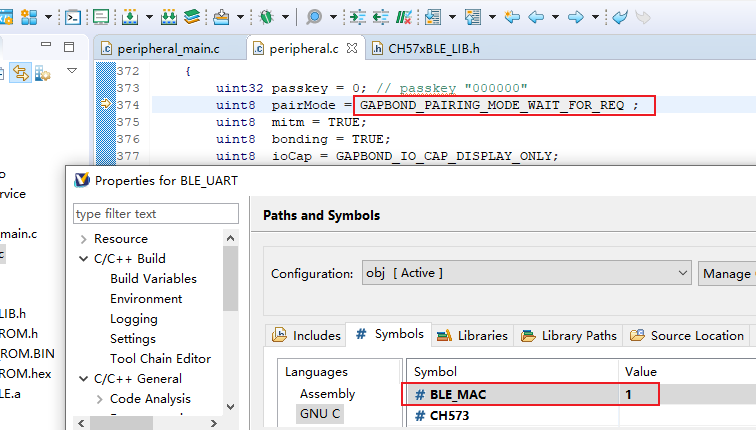 请问用CH573，BLE-UART,串口透传例程，要实现蓝牙和手机蓝牙配对，在哪里修改软件？谢谢！ - 沁恒微电子社区