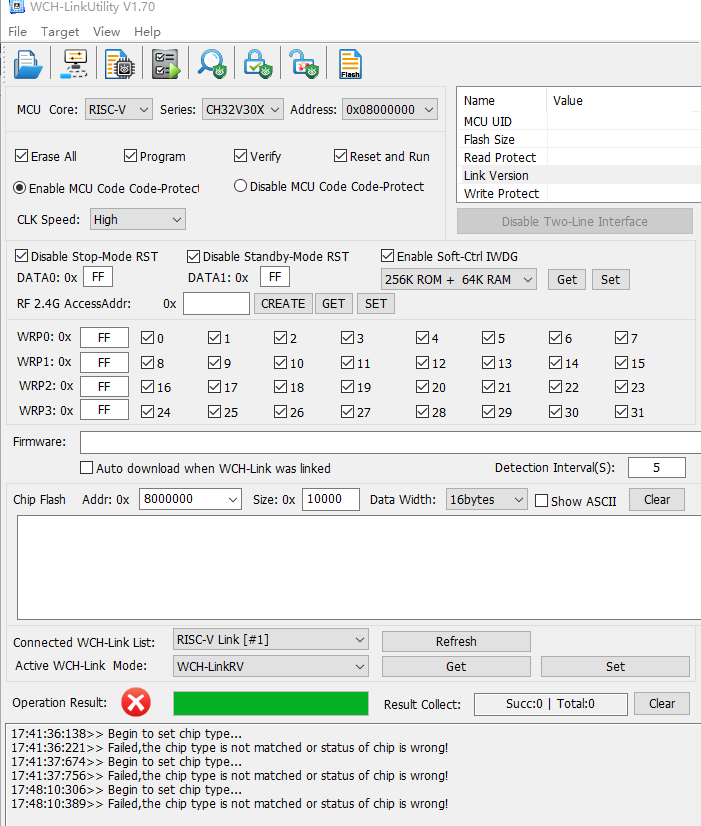 V305FB 无法通过wch-link连接，返回Failed,the chip type is not matched or status ...